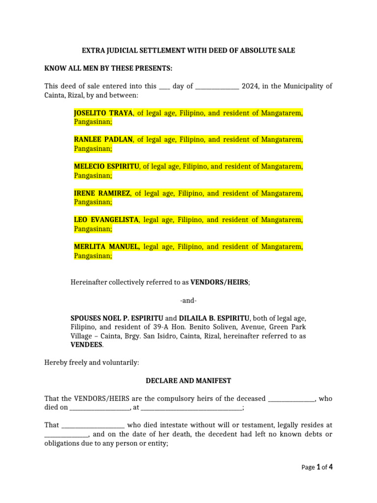 EJS With DEED OF ABSOLUTE SALE - House and Lot - Dilaila Bolivar | PDF | Inheritance | Natural ...