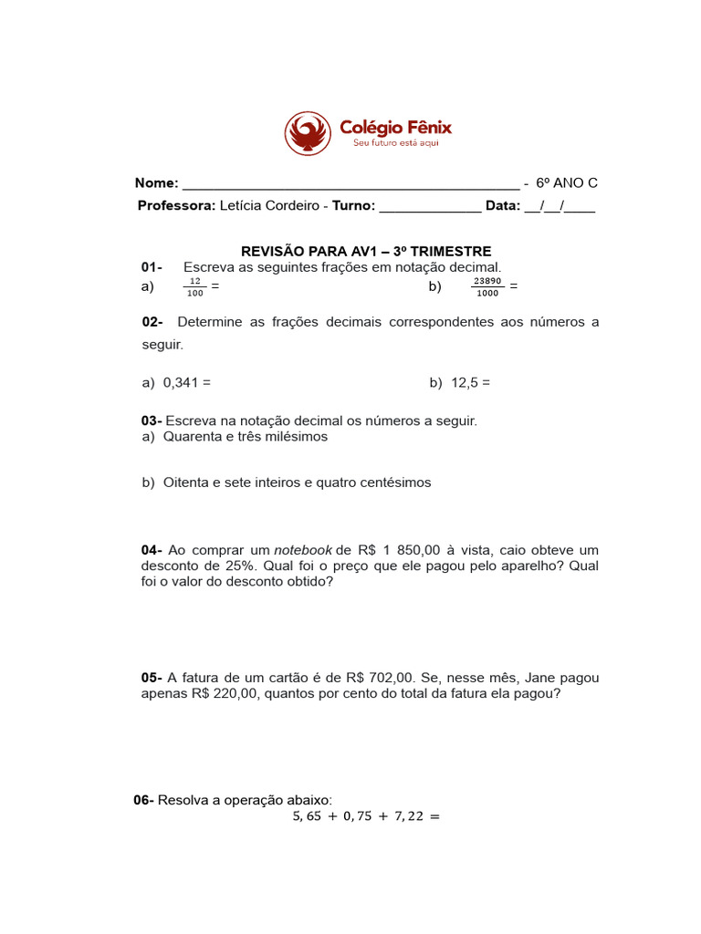 Revisão Da AV1 - 3º TRIM | PDF