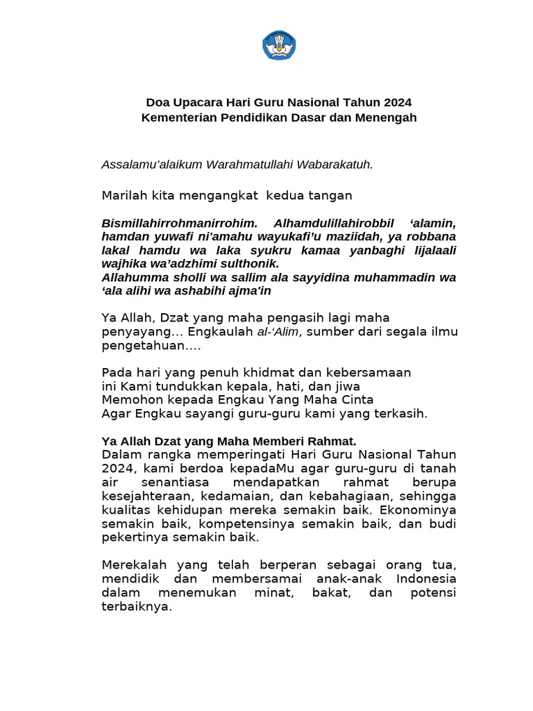Doa Upacara Hari Guru Nasional 2024 | PDF