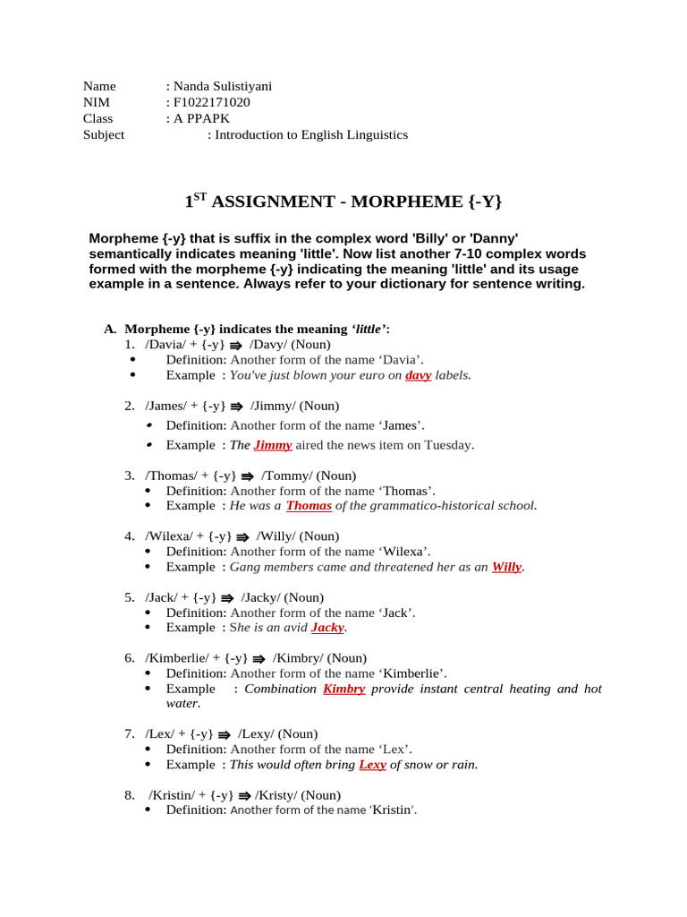 Morpheme {-y} in Names: Meaning 'Little' | PDF