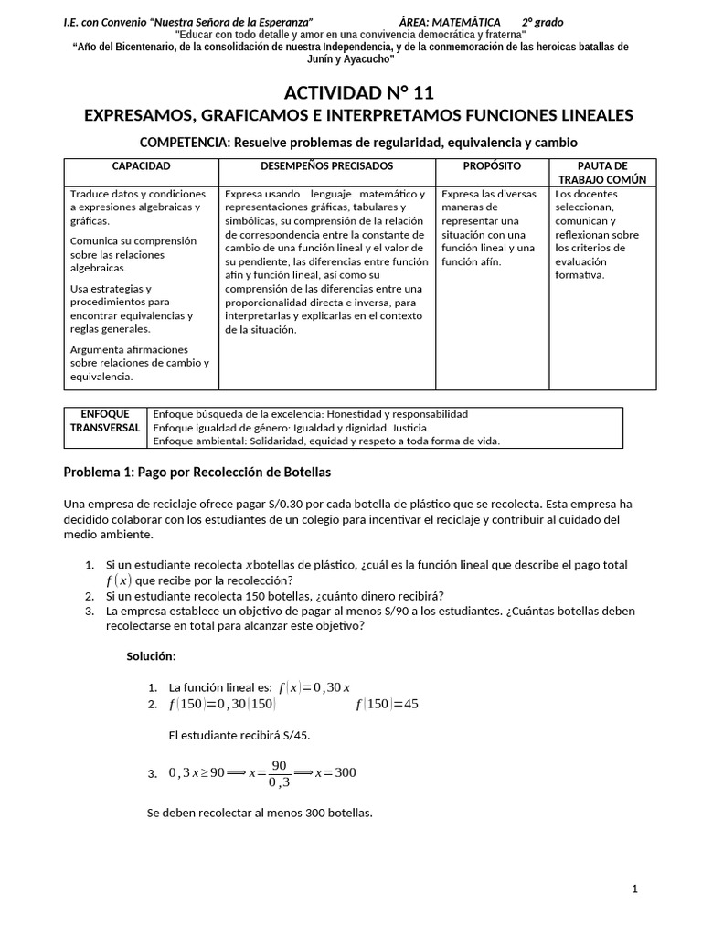 ACTV 11 MAT 2DO 2024 IV Bim Función Lineal | PDF | Función (Matemáticas) | Matemáticas