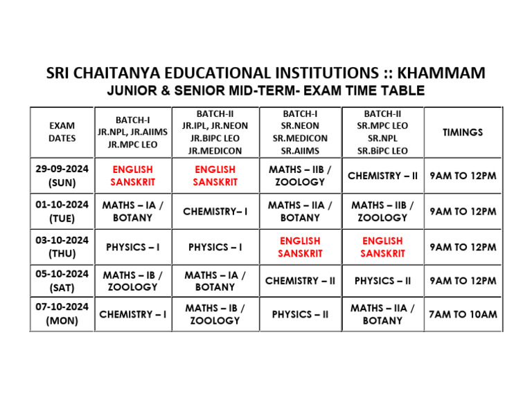 Mid Term - 1 Timetable - 2024-25-1 | PDF