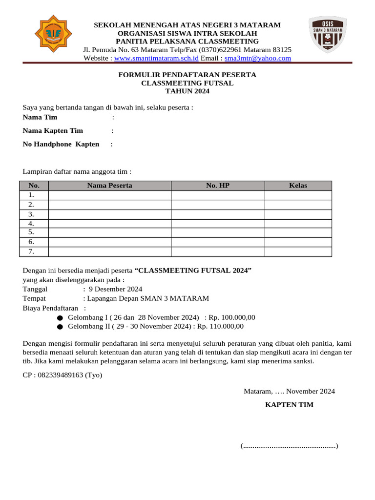 Formulir Pendaftaran Futsal 2024 | PDF