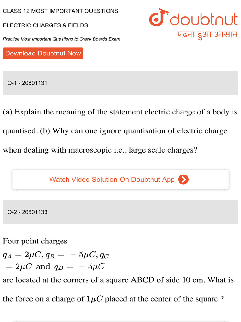 Phy Class 12 Most Important Questions Electric Charges and Fields | PDF ...