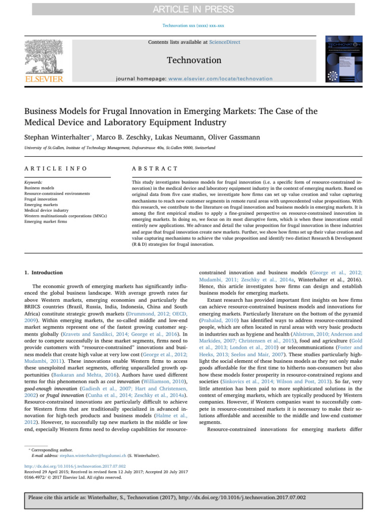 Business Models For Frugal Innovation in Emerging Markets: The Case of ...
