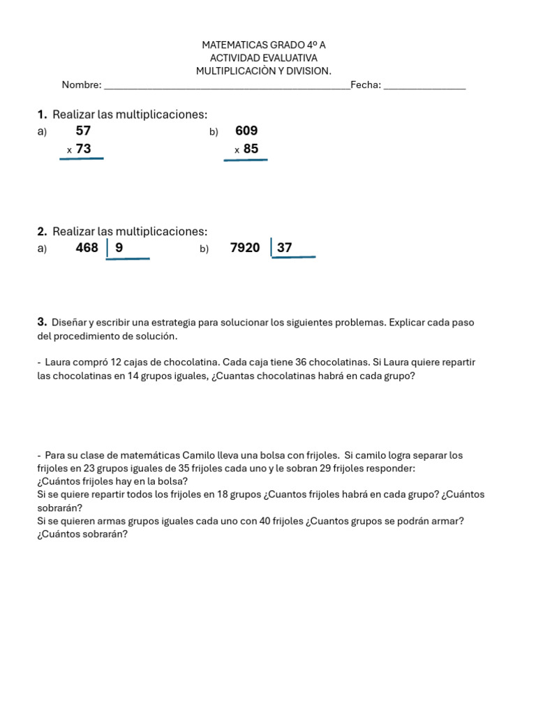 Matematicas Grado 4º A Multiplicaciòn y Division | PDF