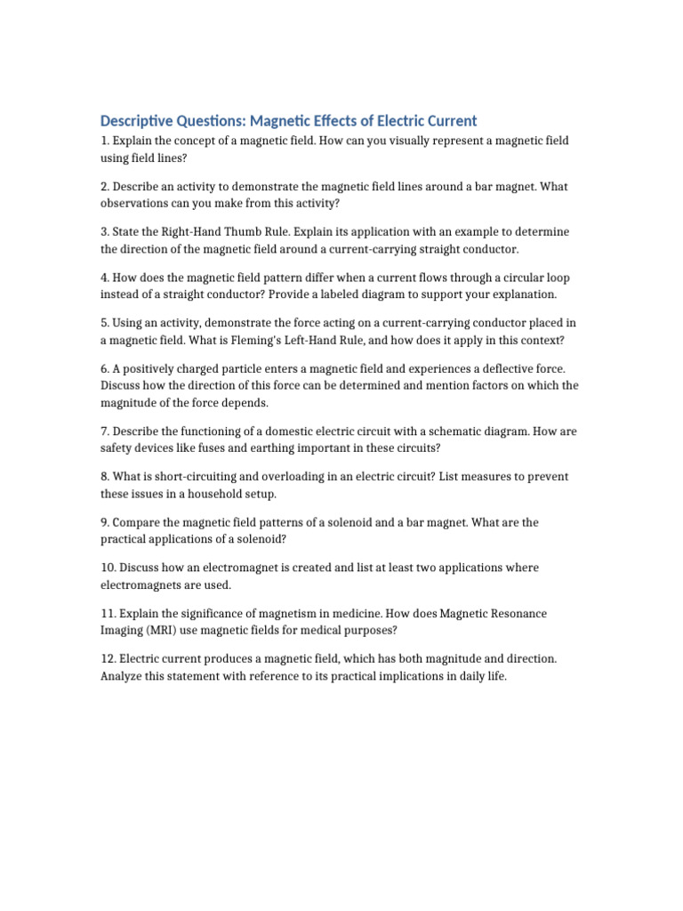 Descriptive Questions Magnetic Effects | PDF | Teaching Methods ...