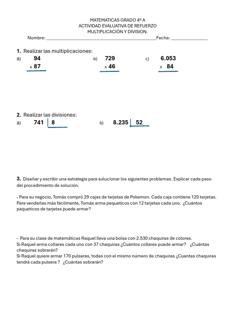 Matematicas Grado 4º A Refuerzo Multiplicaciòn y Division | PDF ...