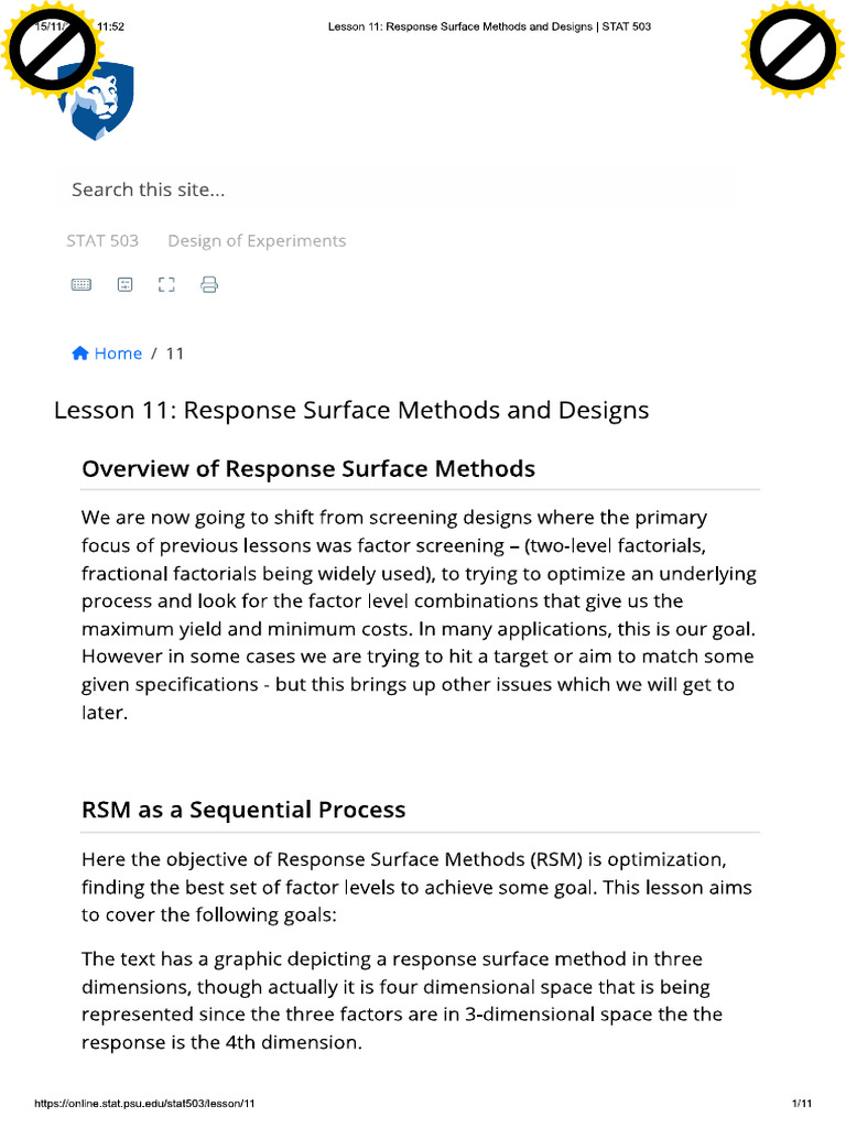 Lesson 11 - Response Surface Methods and Designs - STAT 503 | PDF