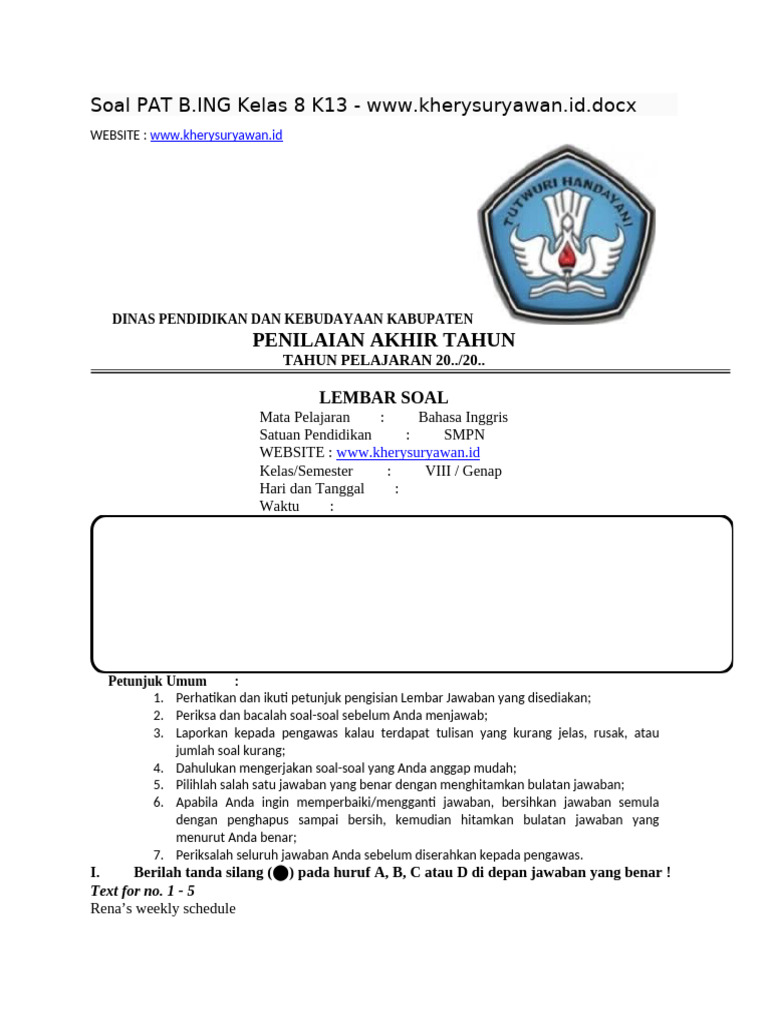 Soal Pas Bing 8 Genap k13 | PDF