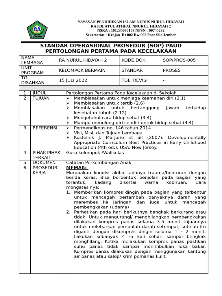 5 Sop Paud Pertolongan Pertama Pada Kecelakaan | PDF | Kesehatan Holistik