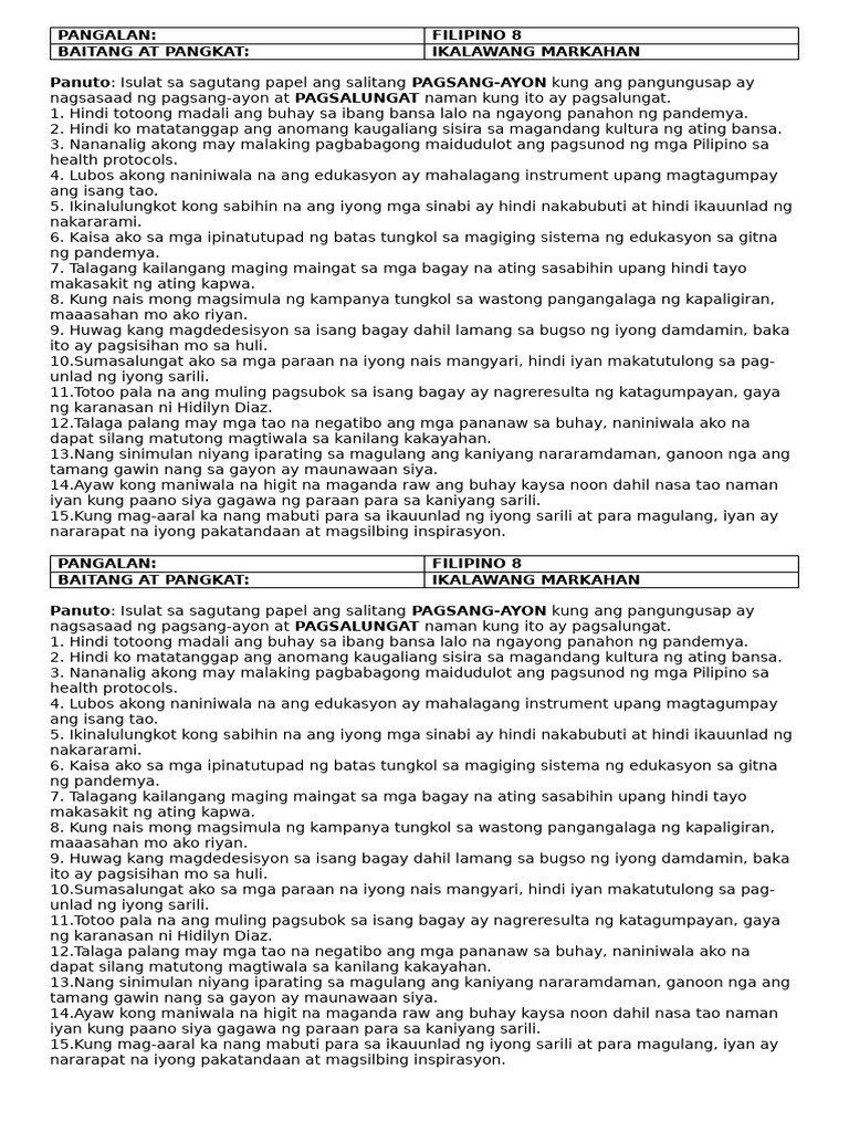 Pagsusulit-Pagsang-ayon at Pagsalungat | PDF