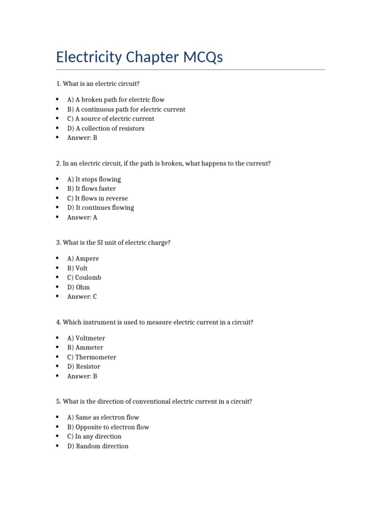 Electricity Chapter MCQs | PDF