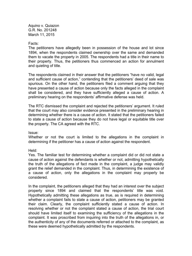 Aquino v. Quiazon | PDF | Complaint | Cause Of Action