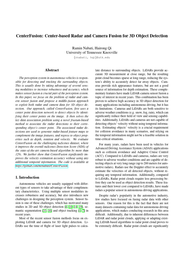 CenterFusion: Radar-Camera Fusion for 3D Detection | PDF | Lidar | Radar