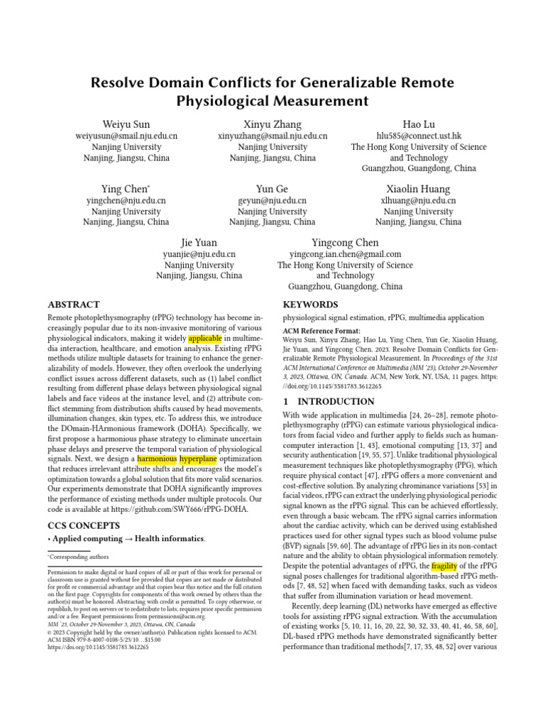 Sun 等 - 2024 - Resolve Domain Conflicts for Generalizable Remote Physiological Measurement | PDF ...