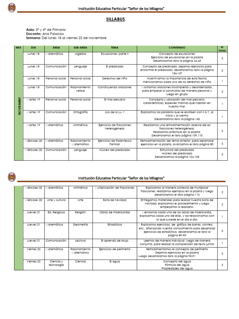 SILLABUS 3° Y 4° pRIMARIA | PDF | Matemáticas | Predicado (Gramática)