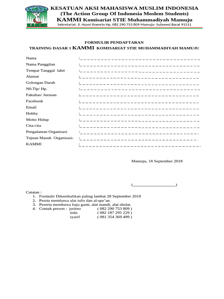 Formulir Pendaftaran Training Dasar KAMMI Mamuju | PDF
