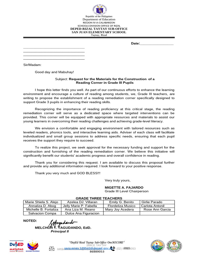 Grade 3 Reading Corner Proposal | PDF | Reading (Process) | Applied ...