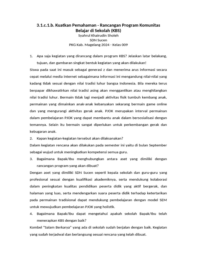 3.1.c.1.b. Kuatkan Pemahaman - Rancangan Program Komunitas Belajar Di Sekolah (KBS) | PDF
