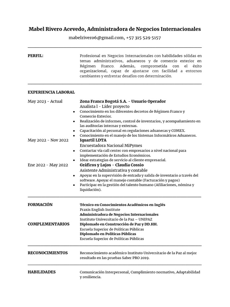 CV Mabel Rivero Acevedo 2024. | PDF | Contador | Economias