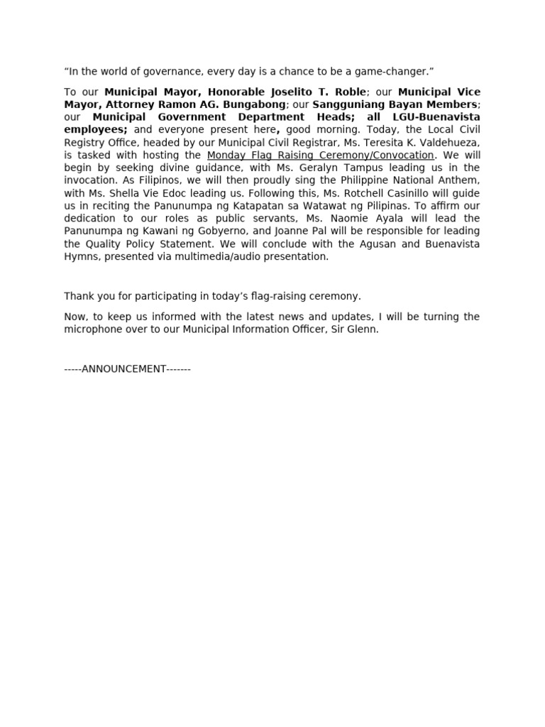 LGU Flag Raising Ceremony Script | PDF | Politics | Art