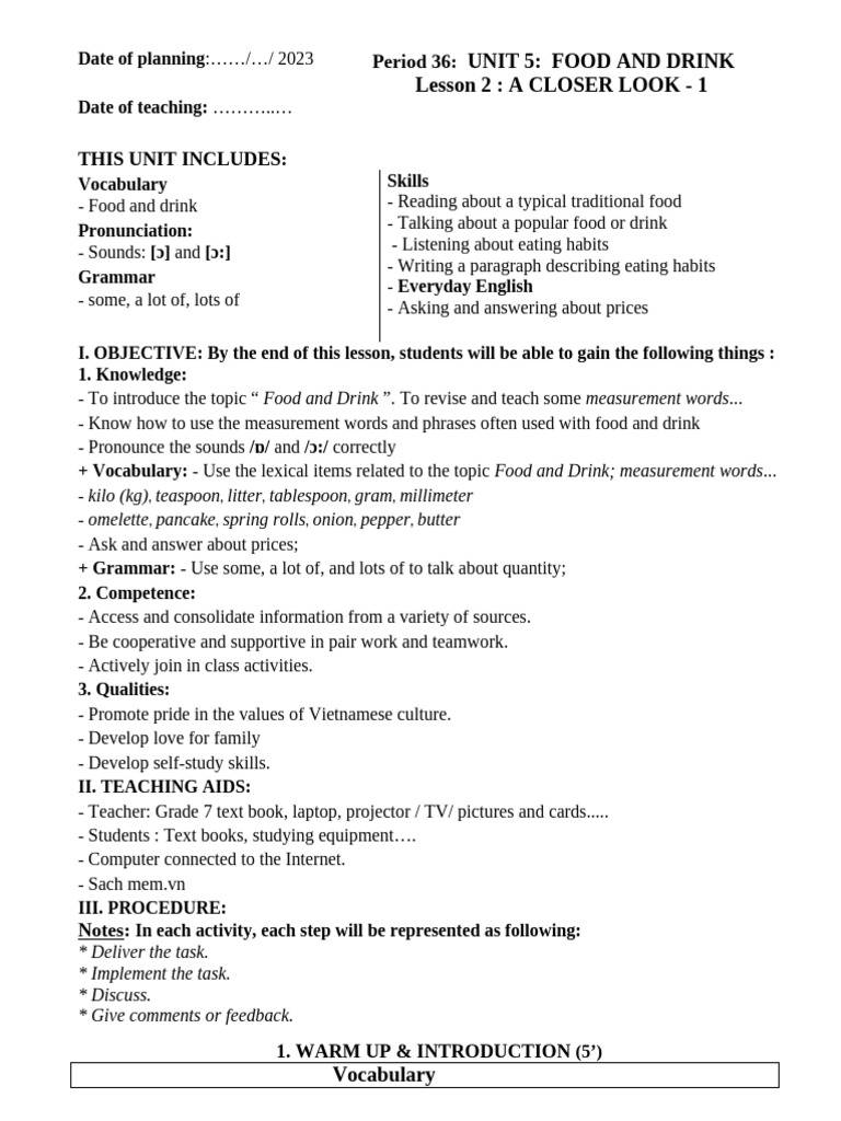 Grade 7 Food & Drink Lesson | PDF | Cooking | Cuisine