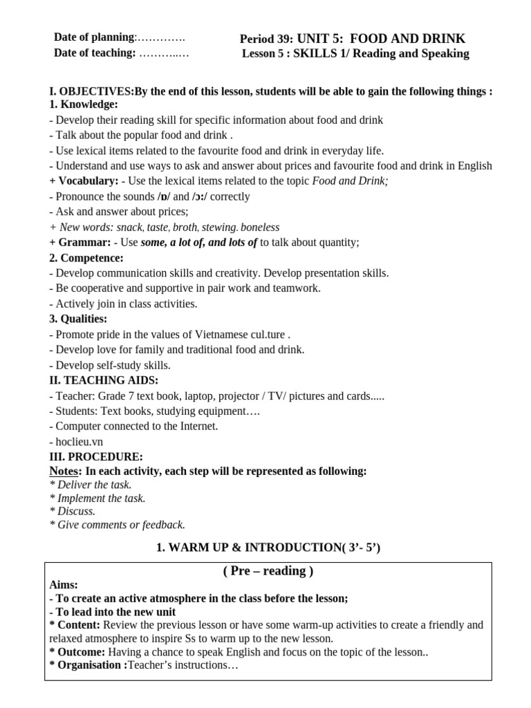 Grade 7: Food & Drink Skills | PDF | Vocabulary | Human Communication