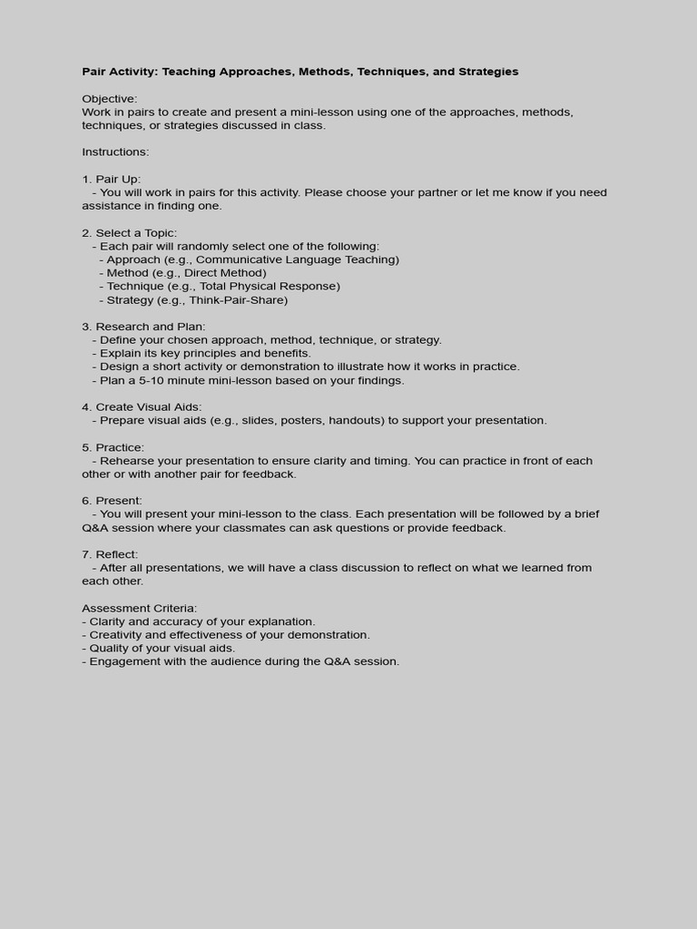 Pair Activity Teaching English | PDF