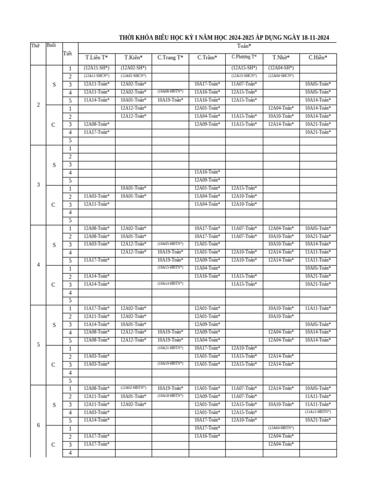 Tkb Học Kỳ i (Áp Dụng Từ 18-11) -Gv Theo Môn | PDF