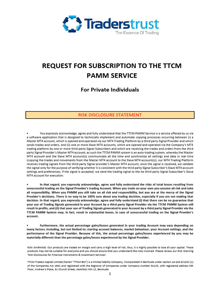 TTCM PAMM Service Risk Disclosure | PDF | Risk | Subscription Business Model
