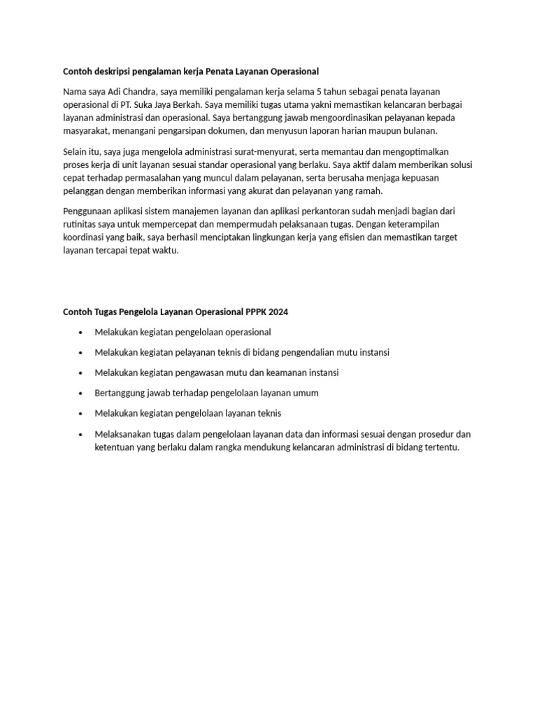 Contoh Deskripsi Pengalaman Kerja Penata Layanan Operasional | PDF