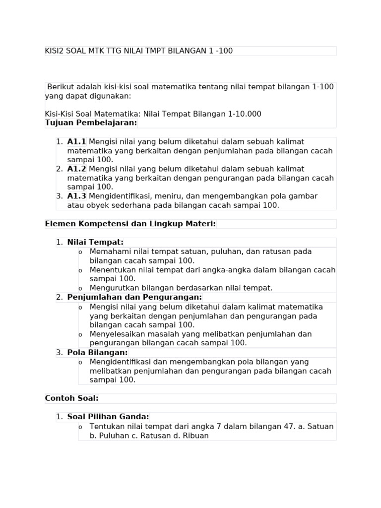 Kisi2 Soal MTK TTG Nilai TMPT Bilangan 1 | PDF