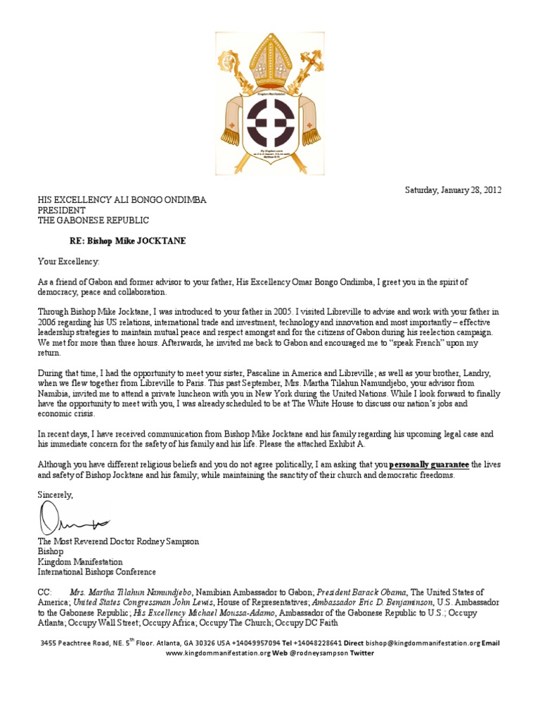 Letter To His Excellency Ali Bongo ONDIMBA RE Bishop Mike Jocktane 012812 | PDF | Public Sphere ...