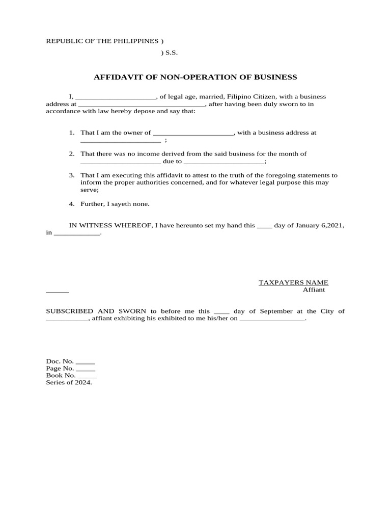 Affidavit of Non-Operation of Business | PDF | Business | Finance ...