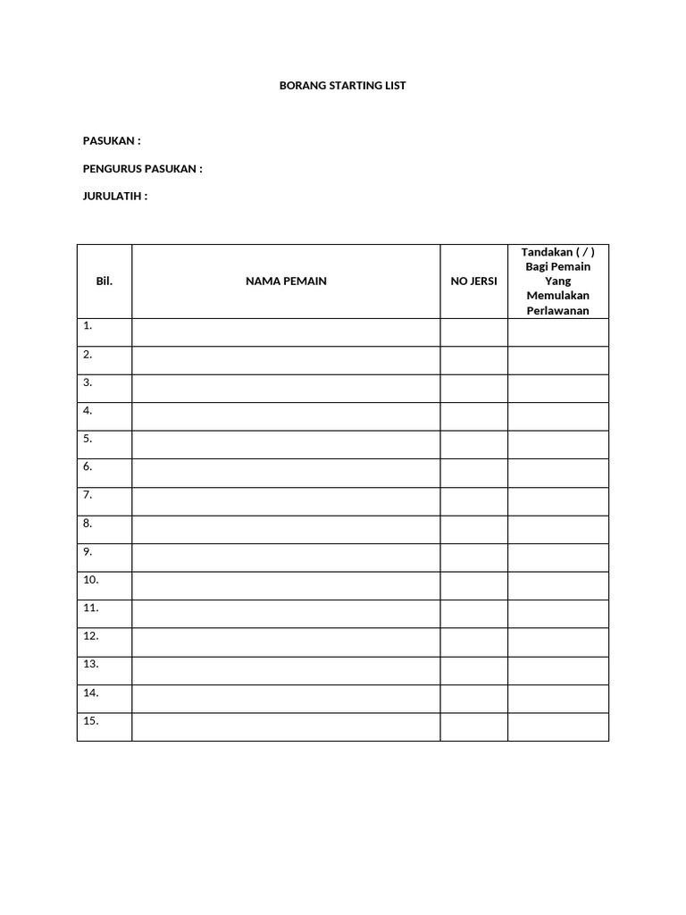 Borang Starting List | PDF