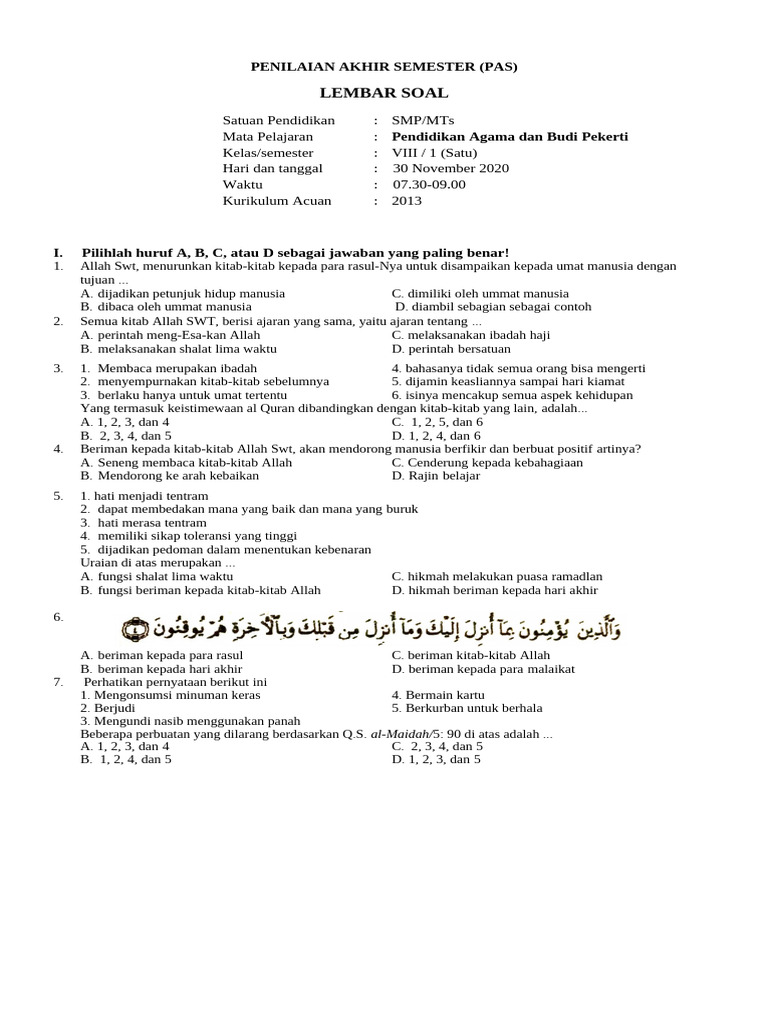 Soal Pas Pai Kelas 8 Semester Ganjil | PDF