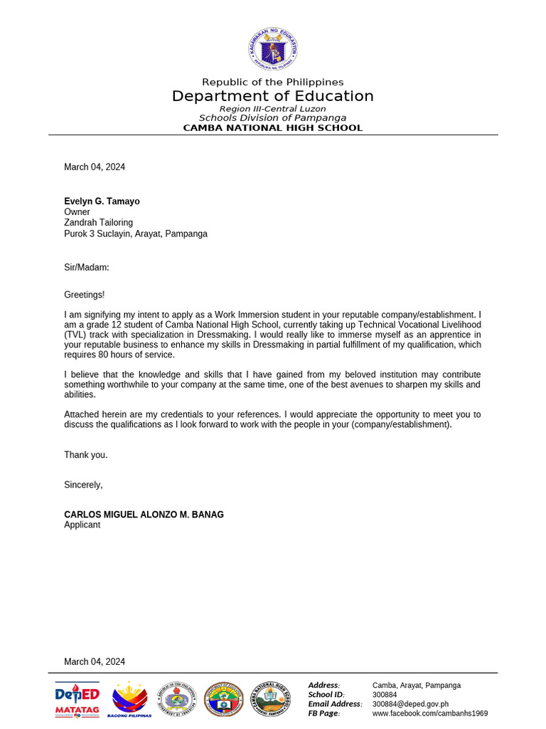 Application Letter | PDF | Apprenticeship | Educational Stages