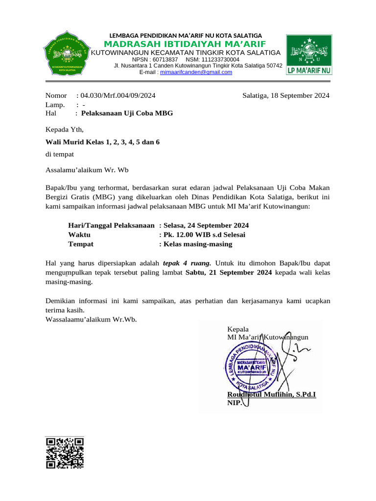 Surat Pemberitahuan Pelaksanaan MBG | PDF