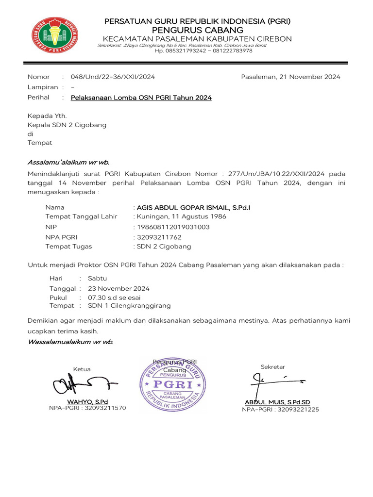 Surat PGRI No. 48 - PENUNJUKAN PROKTOR OSN PGRI | PDF