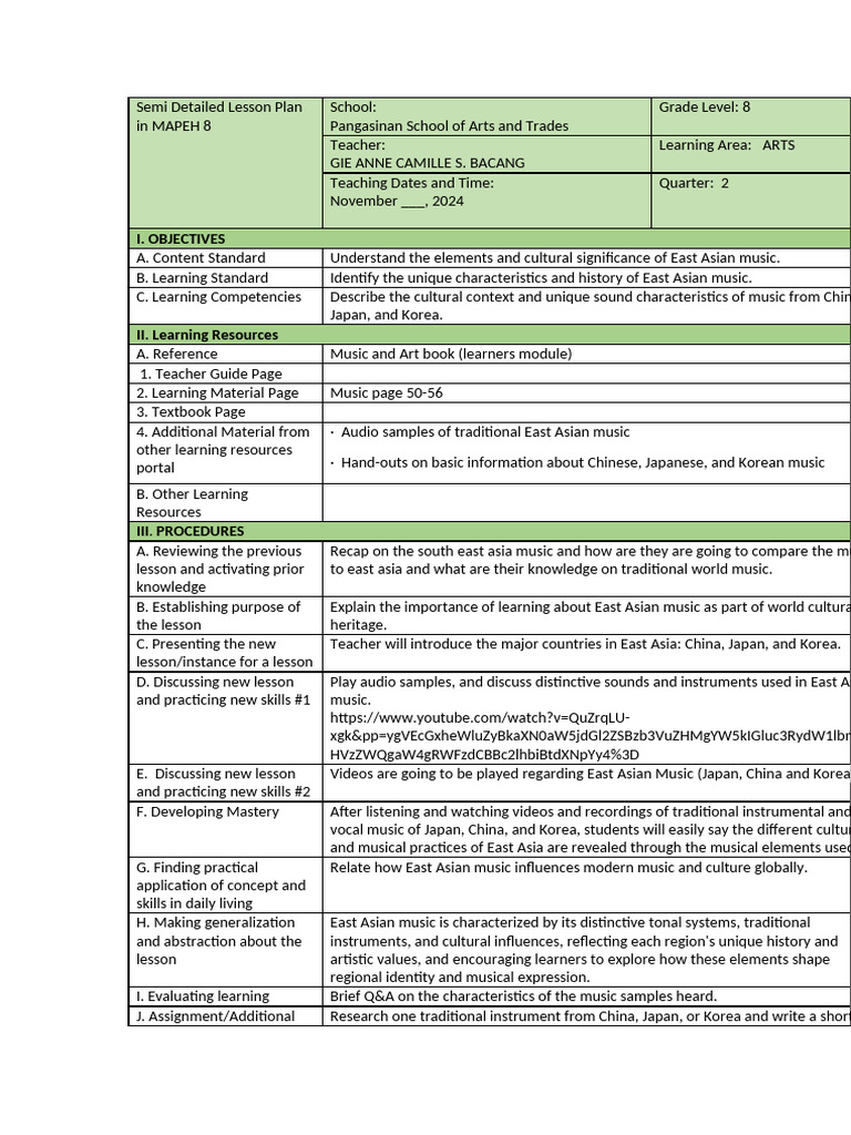 East Asian Music Lesson Plan for Grade 8 | PDF | East Asia | Learning