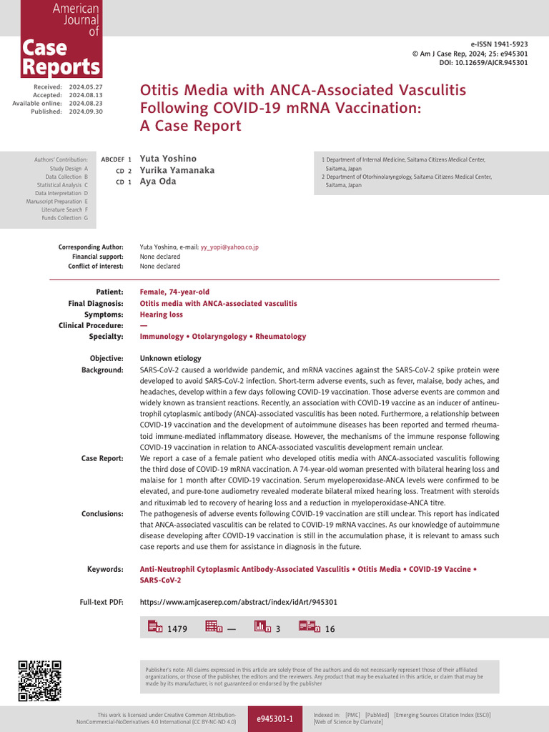 Otitis Media With ANCA-Associated Vasculitis Follo | PDF | Urine ...