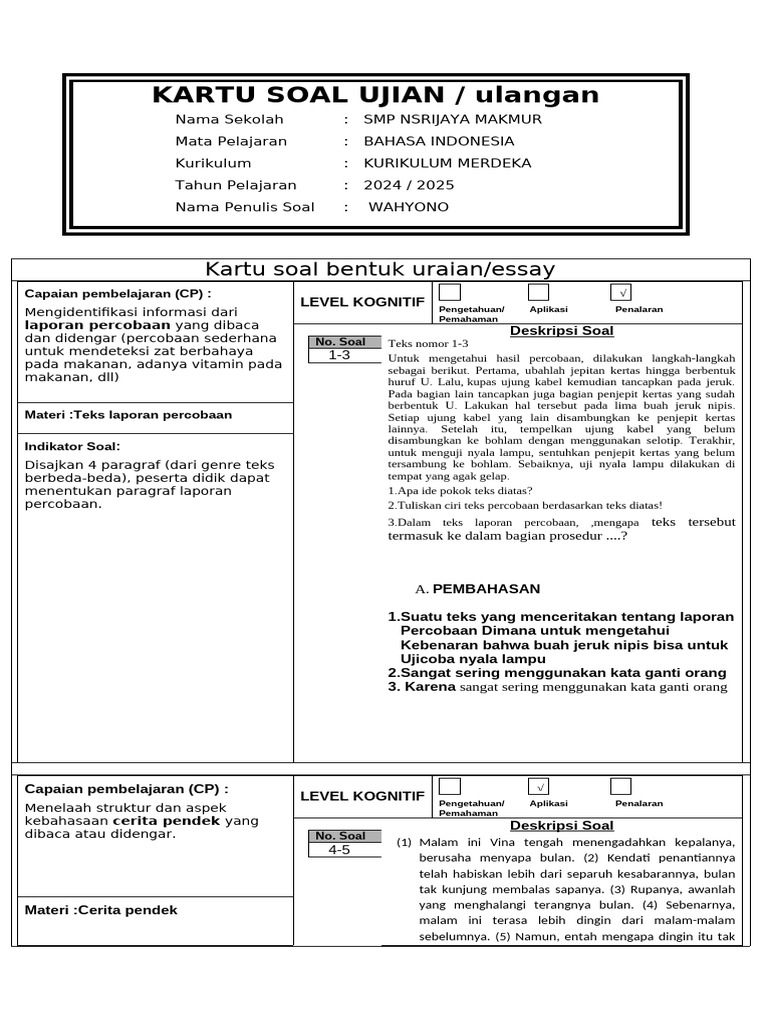 Kartu Soal Bahasa Indonesia Kelas IX-1 | PDF