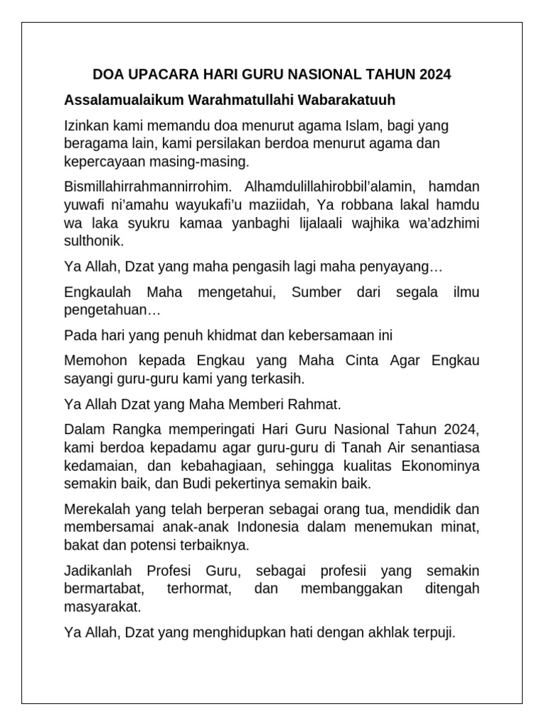 Doa Upacara Hari Guru Nasional Tahun 2024 | PDF