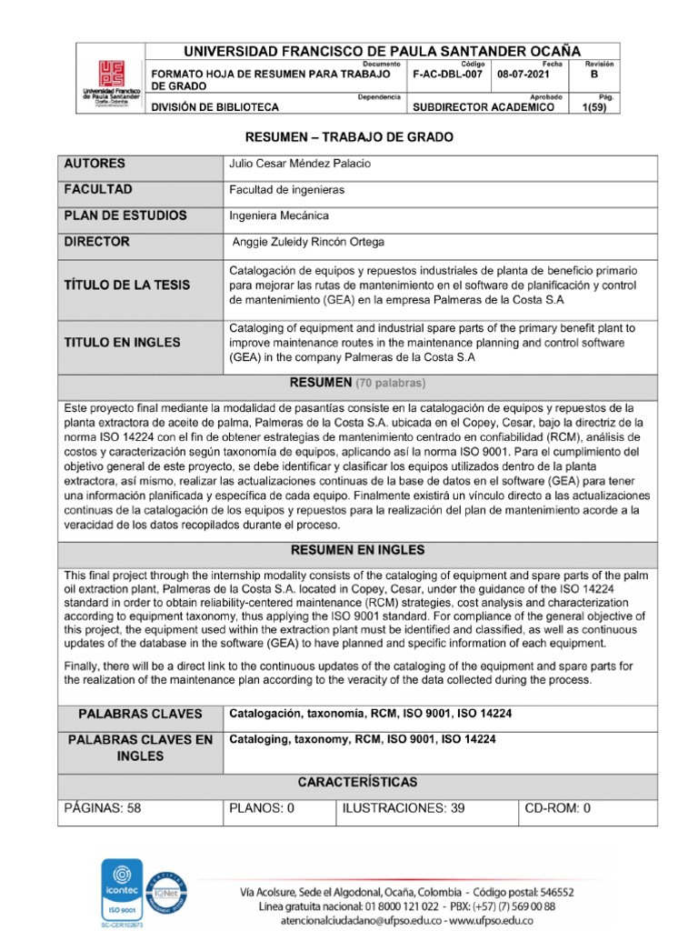 Catalogación de equipos y repuestos industriales de planta de beneficio ...