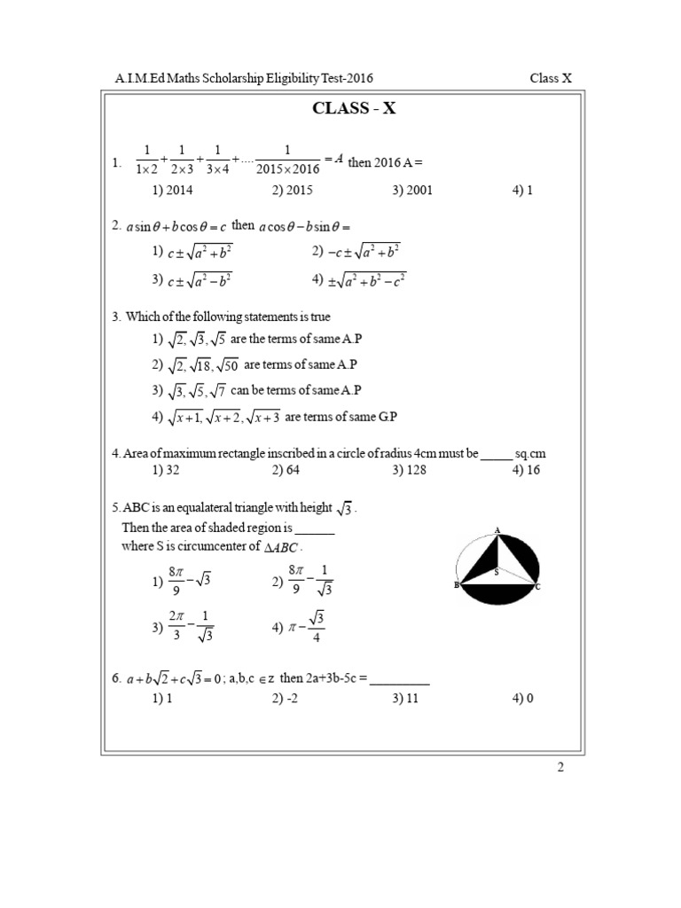 Aimed - 10th Class QP - 2016 | PDF | Triangle Geometry | Mathematics