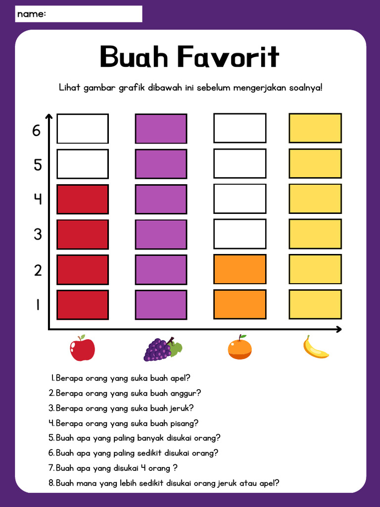 Purple Colorful Illustrative Favourtite Fruits Bar Graph Math Worksheet ...