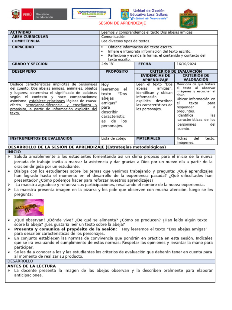 Lectura y Análisis: Dos Abejas Amigas | PDF | Evaluación | Aprendizaje