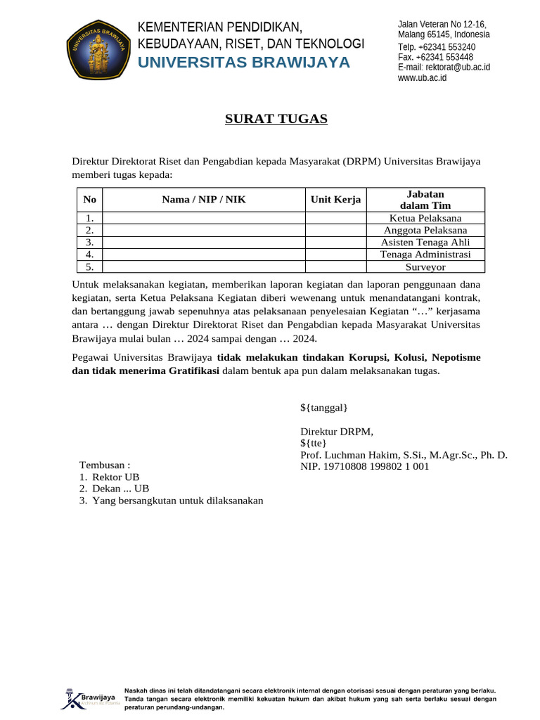 04 Draft Revisi SURAT TUGAS TIM PELAKSANA DRPM UB 2024 (Draft ST Diemail Ke Lppm@Ub - Ac.id) | PDF