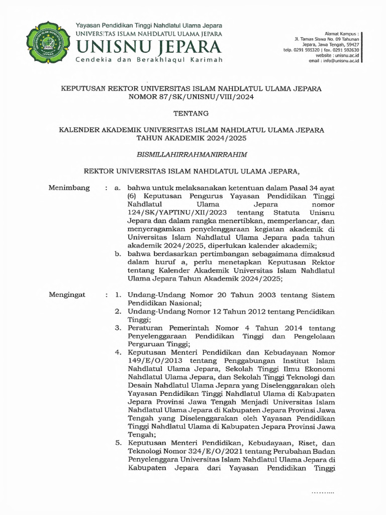Kalender Akademik UNISNU 2024/2025 | PDF